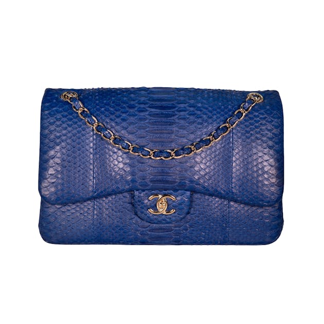 Pre-Owned Chanel Python Classic Double Flap Jumbo Blue